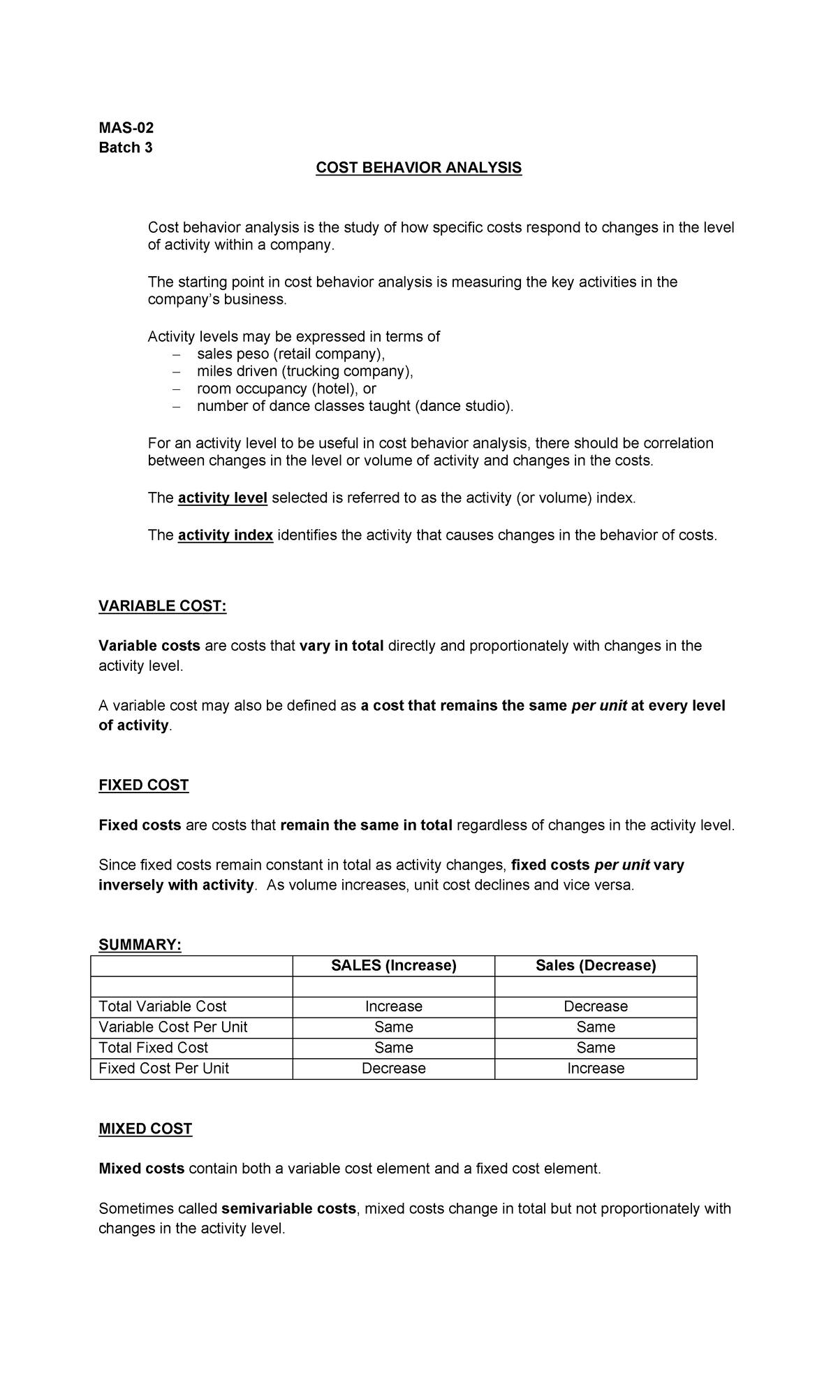Module 2 DLSU F2F - Cost Behavior (Answer) - MAS- Batch 3 COST BEHAVIOR ANALYSIS Cost behavior ...