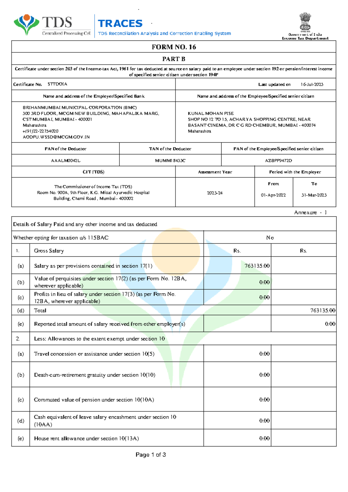 Budgetg 202223 Azbpp 9472D Partb 2023-24 - FORM NO. 16 Certificate ...