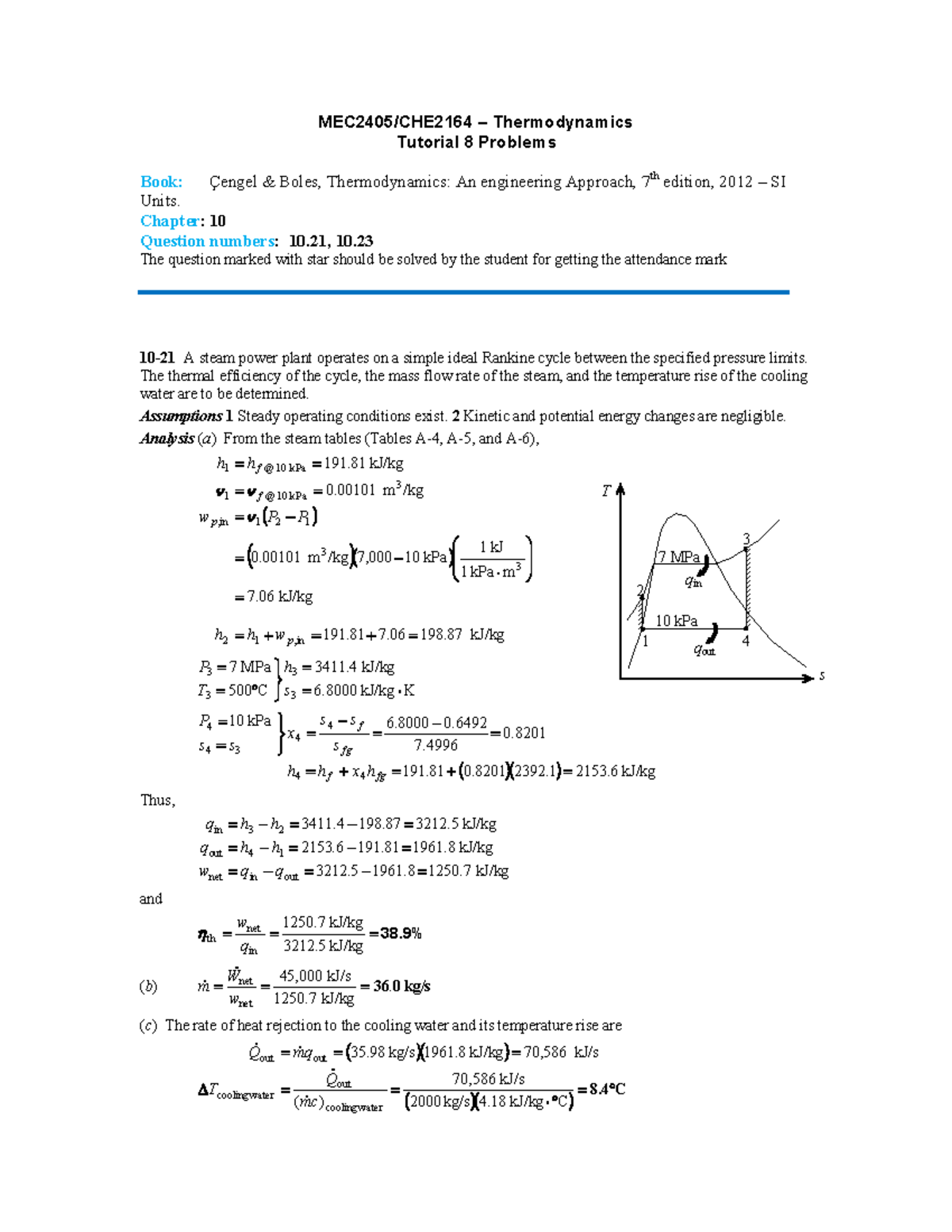 Tutorial 8 Solutions - MEC2405/CHE2164 – Thermodynamics Tutorial 8 ...