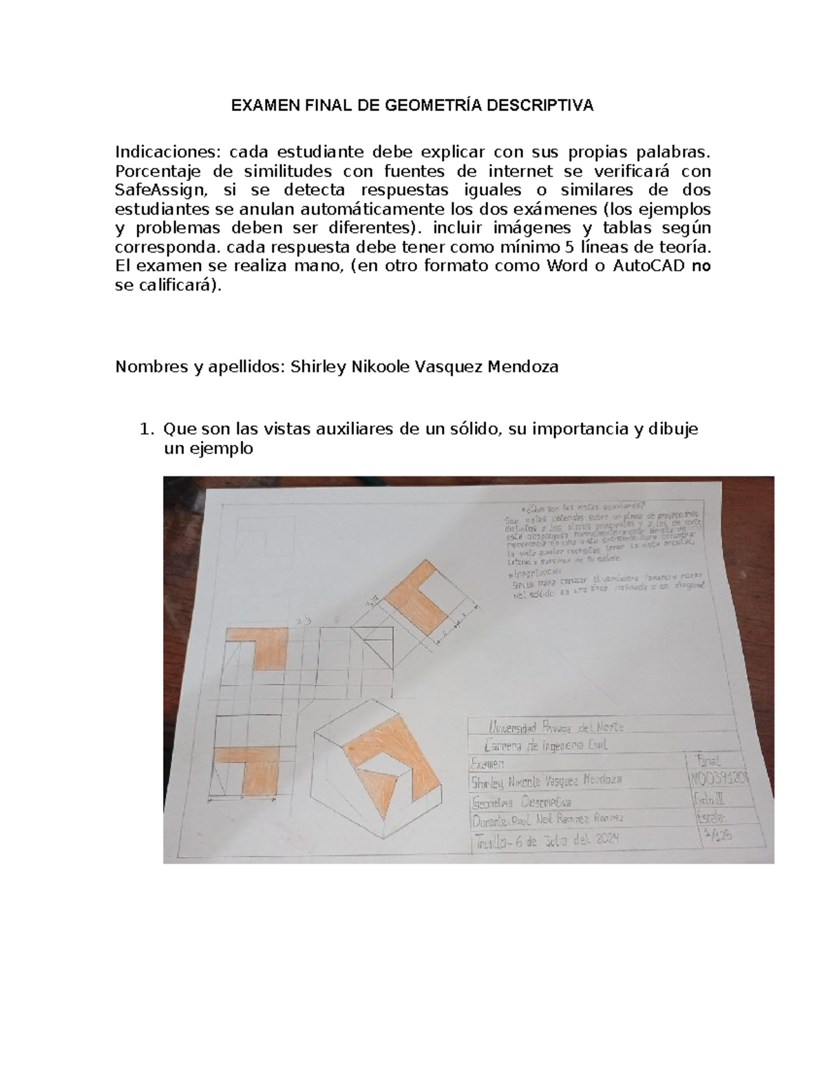 Examen Final DE Geometría Descriptiva Shirley Nikoole Vasquez Mendoza - EXAMEN FINAL DE ...
