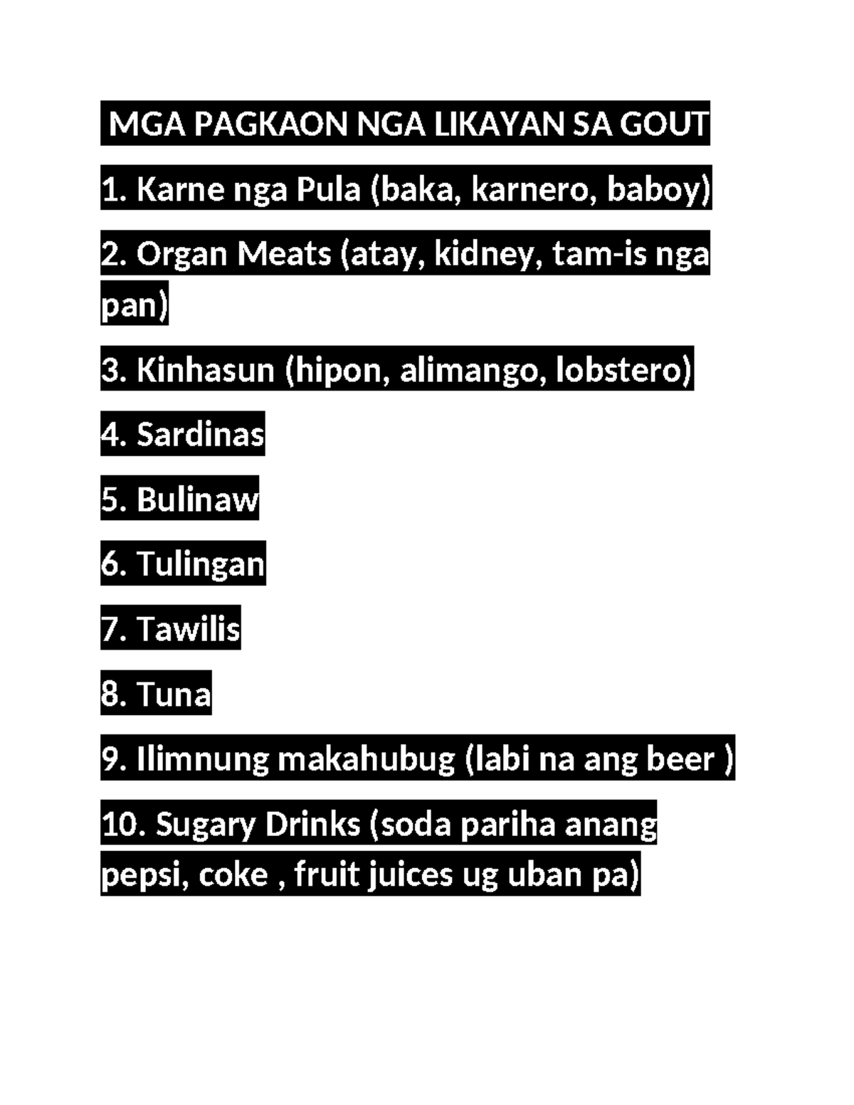 Mga Pagkaon nga - Mga bawal at pwede kainin ng mga may gout - MGA ... Mga Pagkaon nga - Mga bawal at pwede kainin ng mga may gout - MGA ...