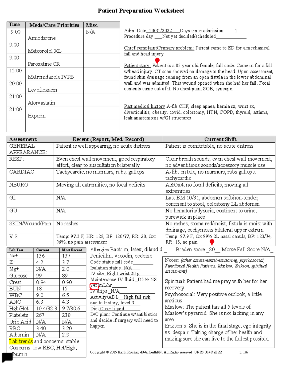 DCRW for clinical - Patient Preparation Worksheet Adm. Date: 10/31/2022 ...