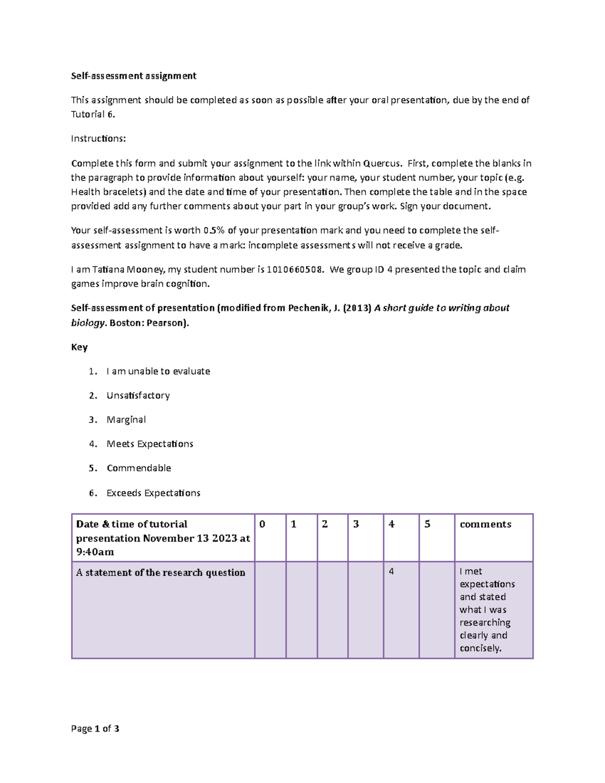 Selfassessment A11 assignment Tatiana Mooney Group 4 - Self-assessment ...