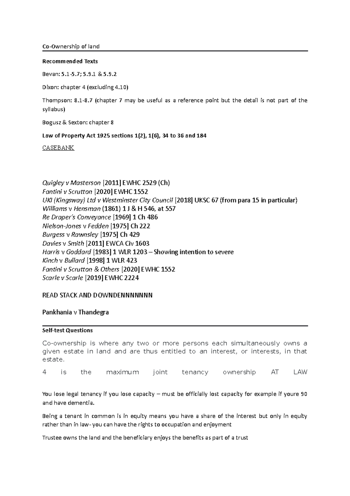 Co-Ownership of land - Brief notes, case facts, and tutorial answers ...