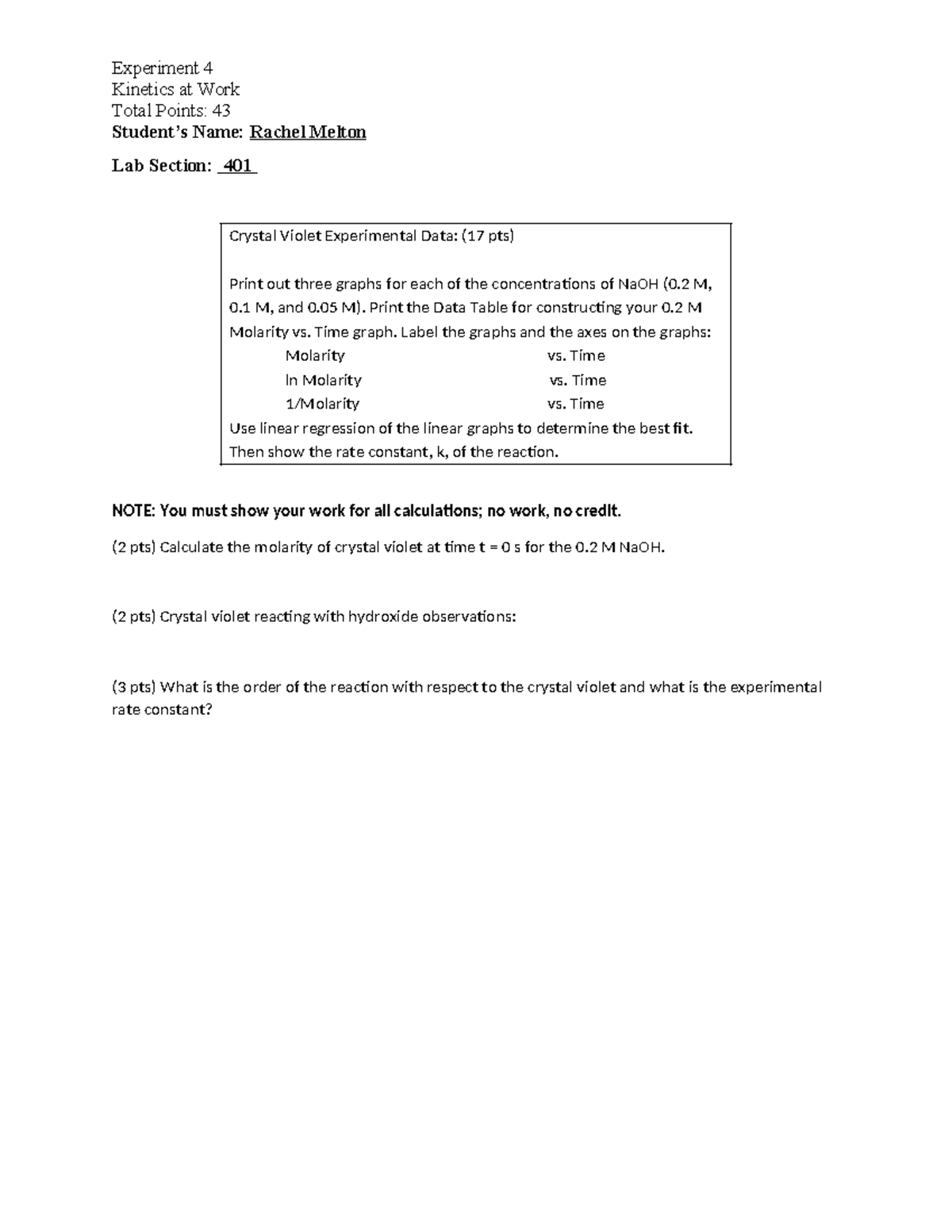 CHEM 110L - Experiment 4 Kinetics at Work - Experiment 4 Kinetics at ...