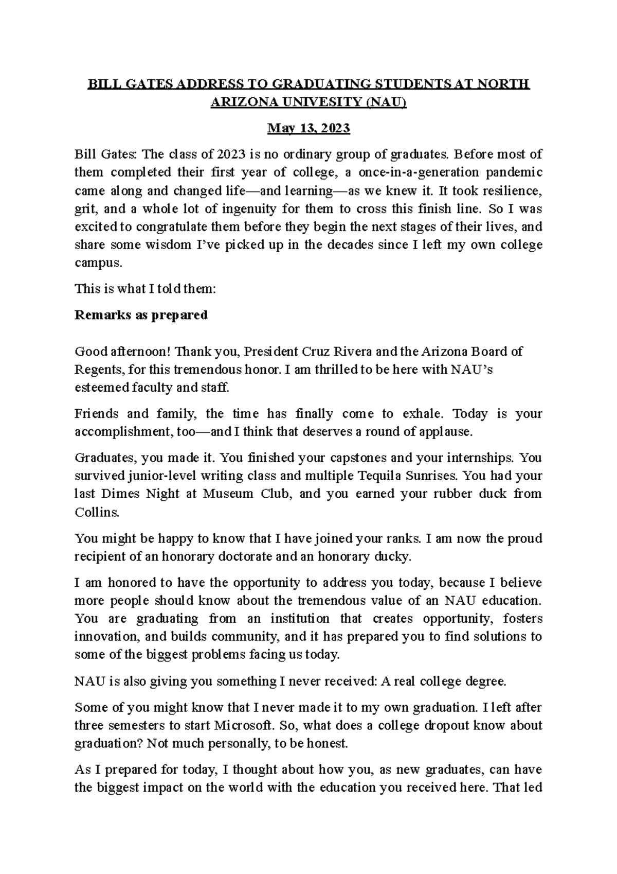 BILL Gates Address AT North Arizona Univesity - BILL GATES ADDRESS TO ...