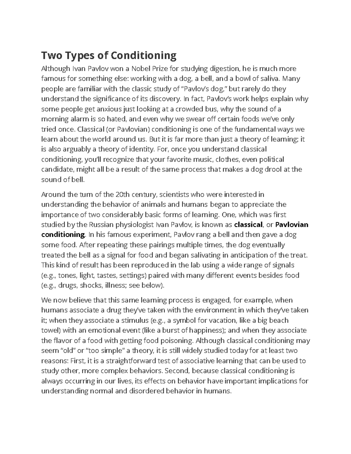 Conditioning and Learning Notes - Two Types of Conditioning Although ...