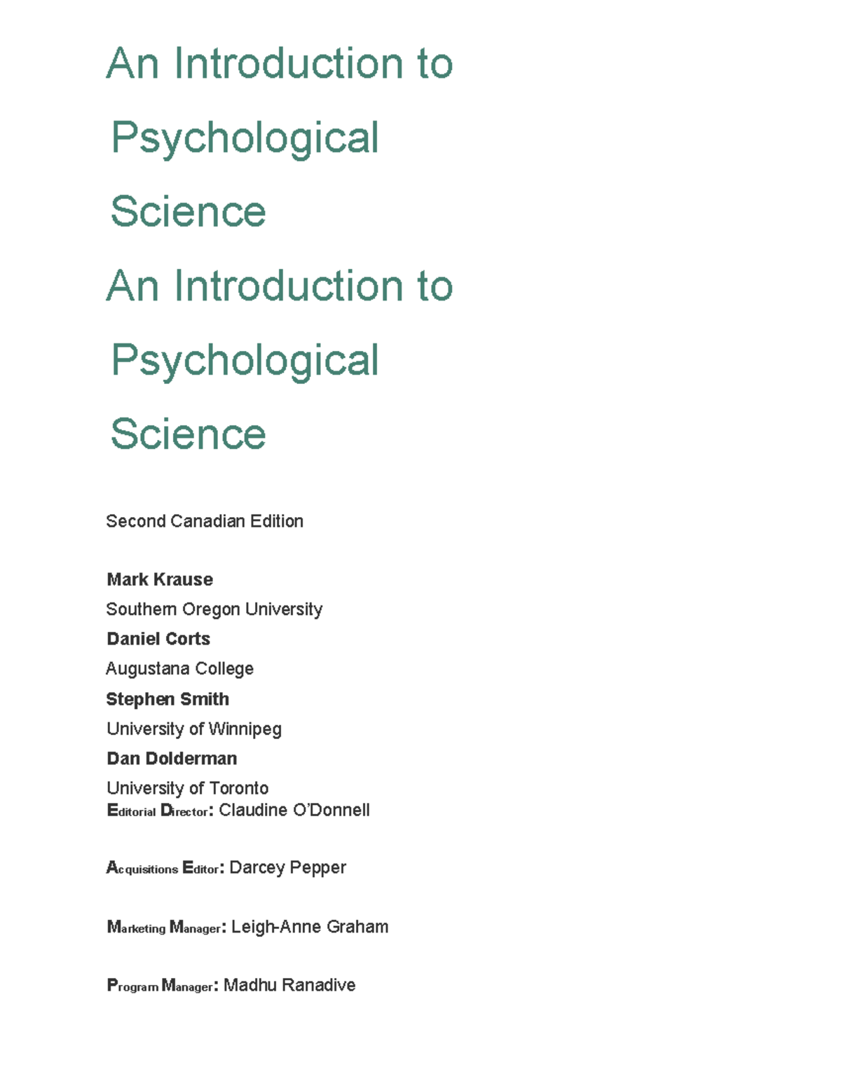 Textbook - An Introduction to Psychological Science, 2nd Second ...