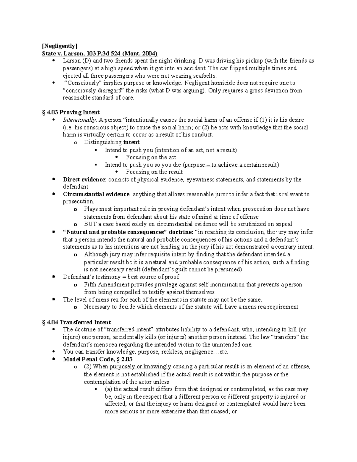 Criminal Law - Prof. Cuevas 2 - [Negligently] State v. Larson, 103 P ...