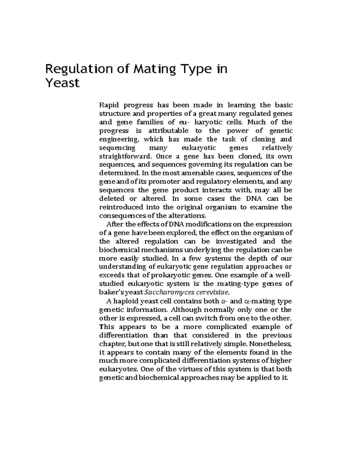 Regulation of Mating Type in Yeast - Regulation of Mating Type in Yeast ...