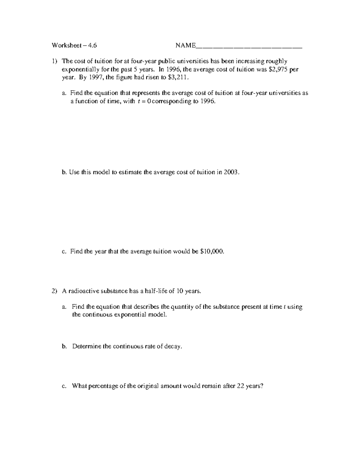 WS 24 (4 - Worksheet 24 - Worksheet 4 1) The cost of tuition for at ...