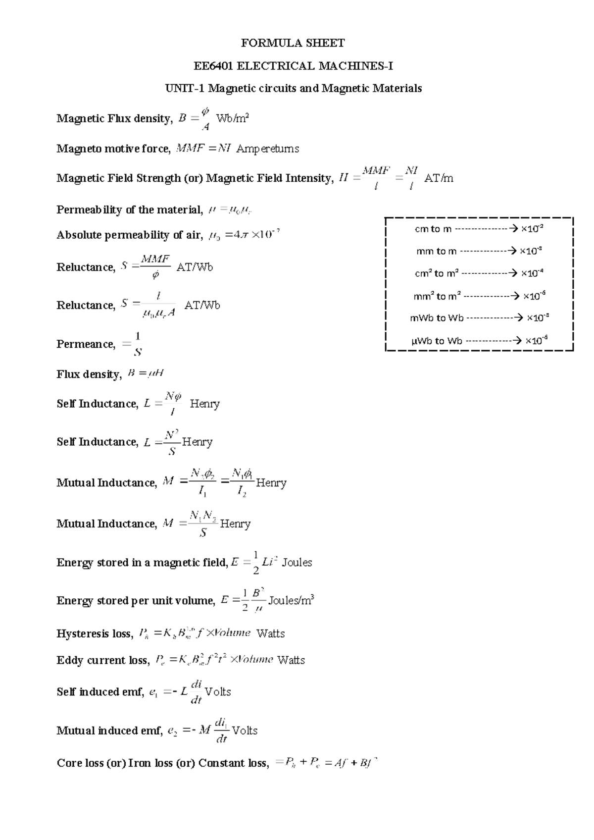 Formula Sheet - FORMULA SHEET EE6401 ELECTRICAL MACHINES-I UNIT-1 ...