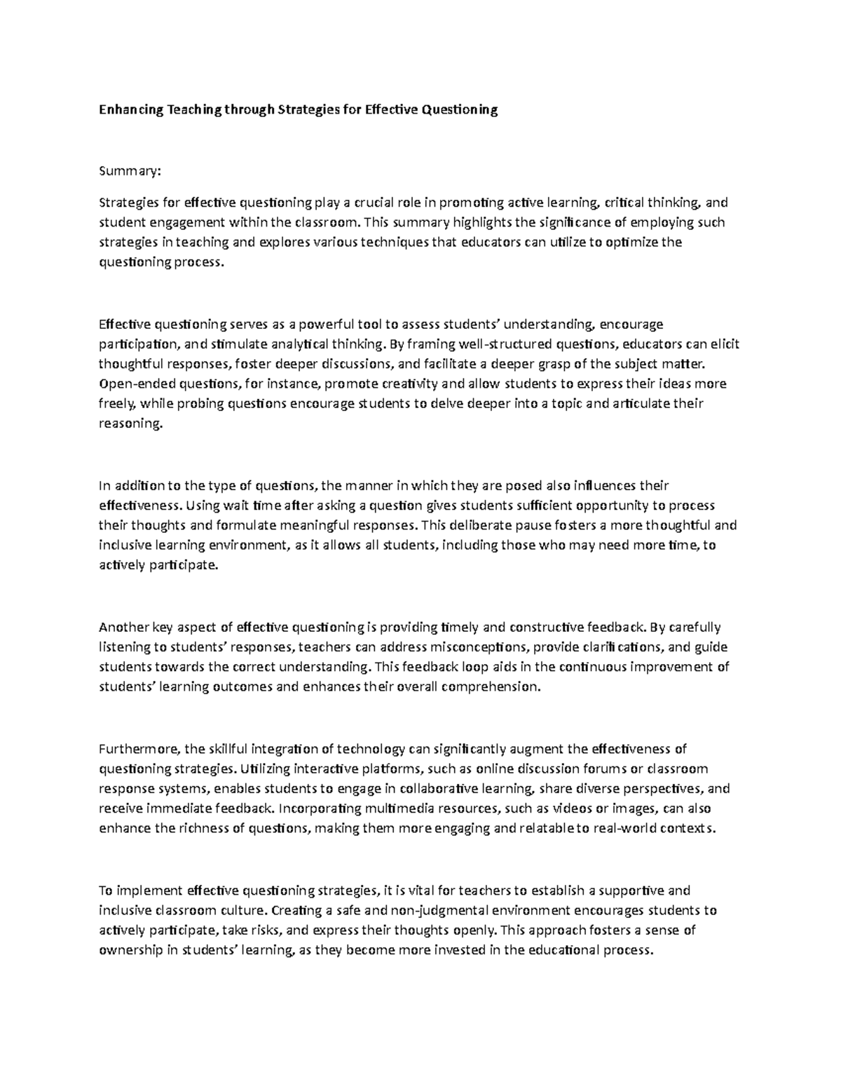 Enhancing Teaching through Strategies for Effective Questioning ...