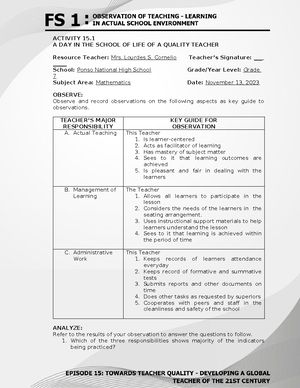 FS1 Episode 12 - ACTIVITY 12. OBSERVING ASSESSMENT FOR LEARNING ...