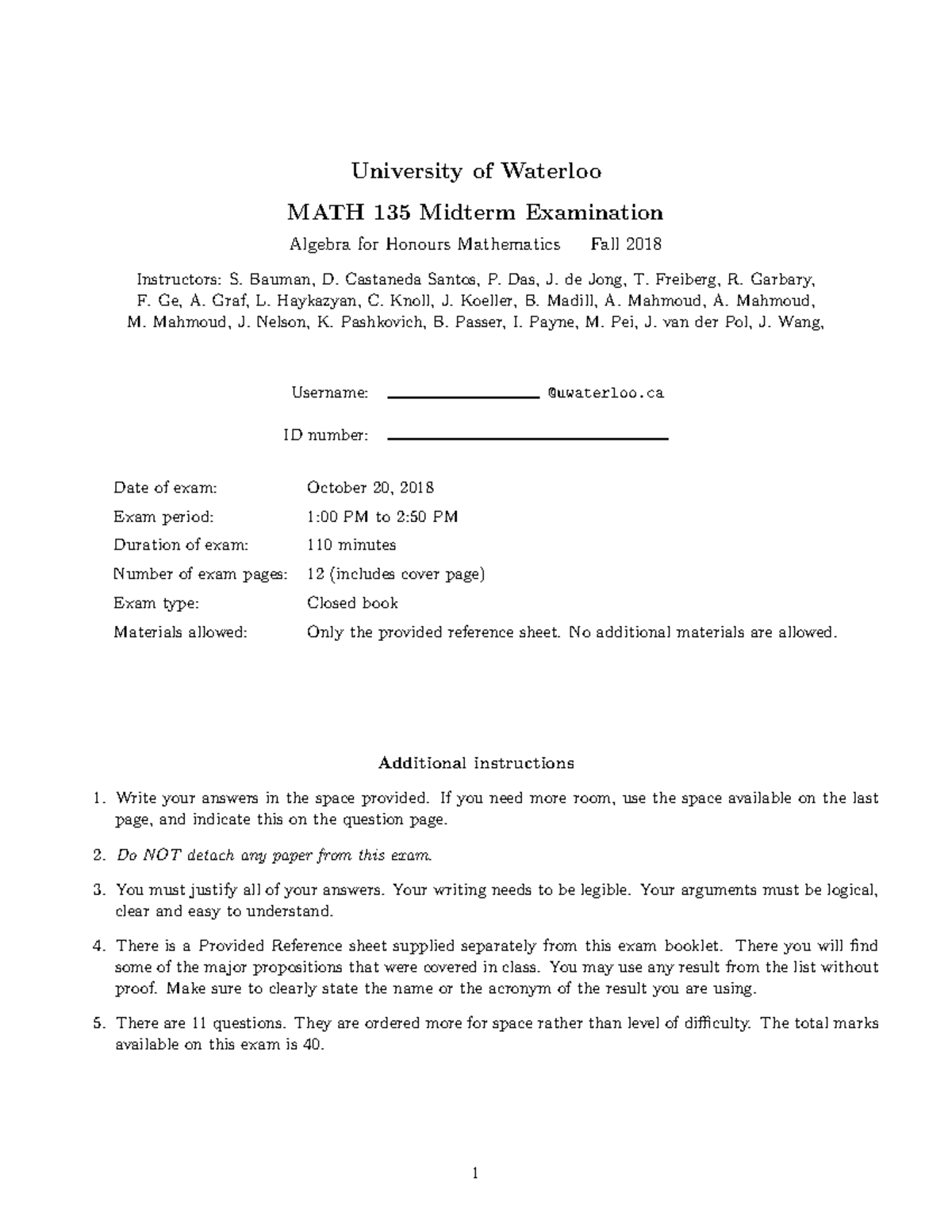 2018 Fall Midterm Question - University of Waterloo MATH 135 Midterm ...