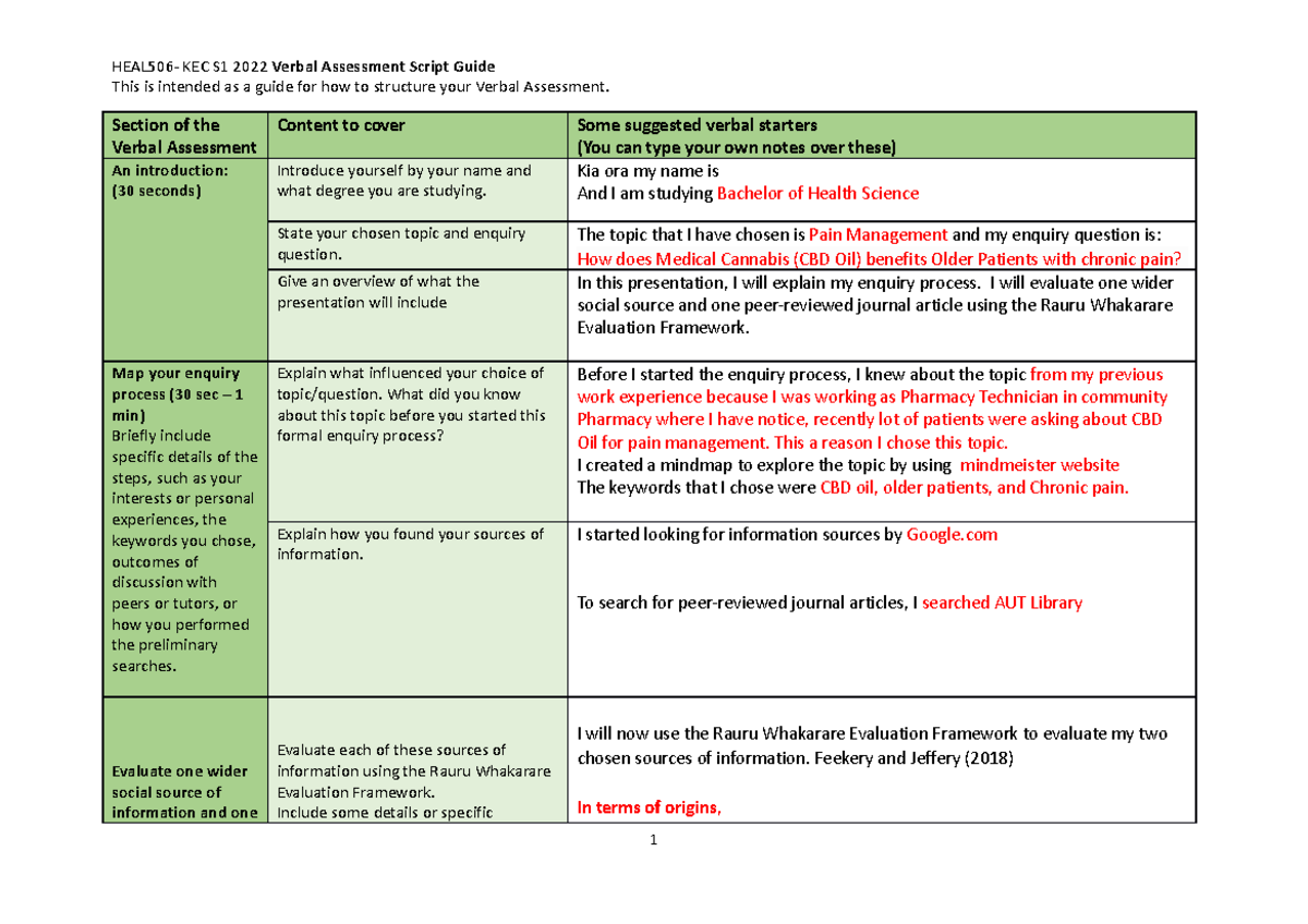 HEAL506 - KEC S1 2022 Verbal Assessment Script Guide - This is intended ...