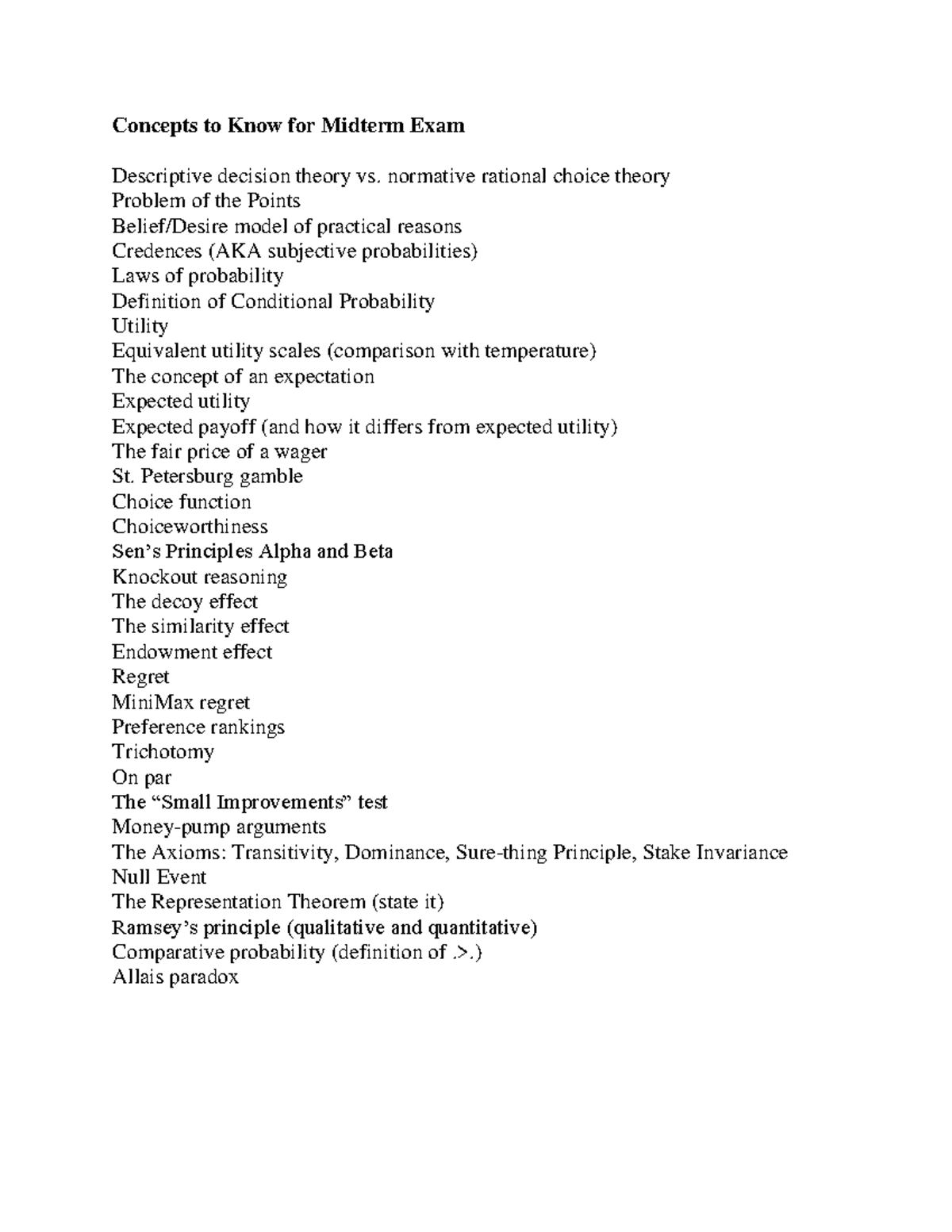 443 Midterm 2023 Study Sheet - Concepts to Know for Midterm Exam Descriptive decision theory vs ...