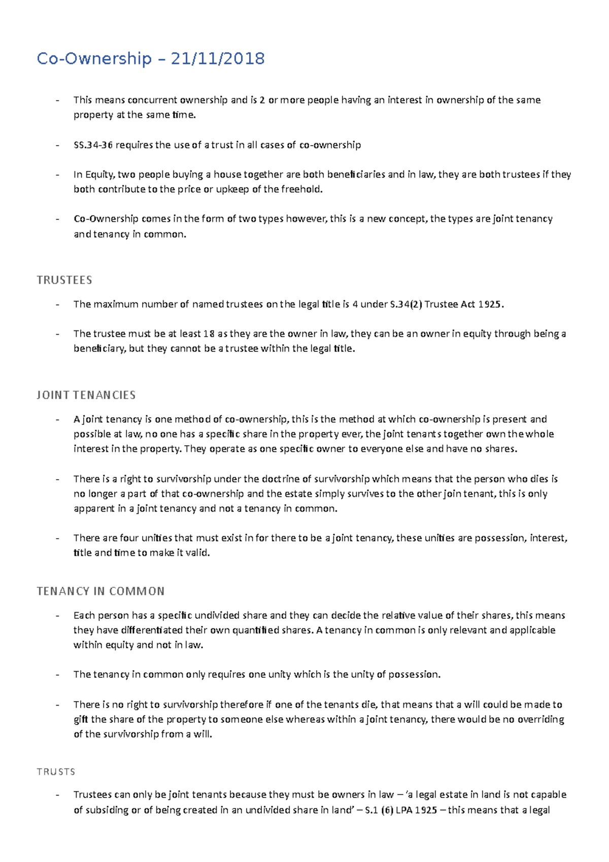 16. Co-Ownership - Lecture 16 - Co-Ownership – 21/11/ This means ...