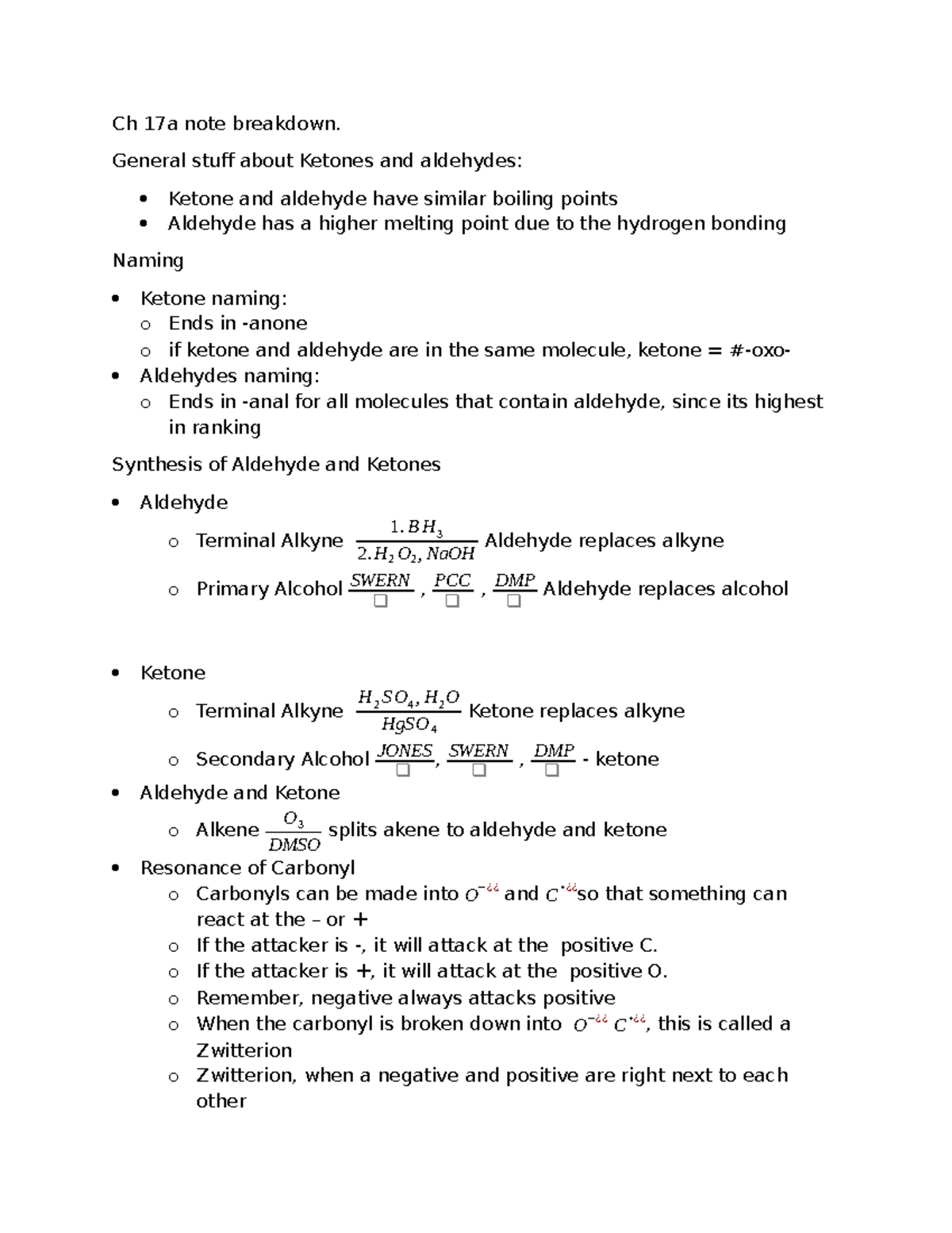 Ch 17a note breakdown - General stuff about Ketones and aldehydes ...