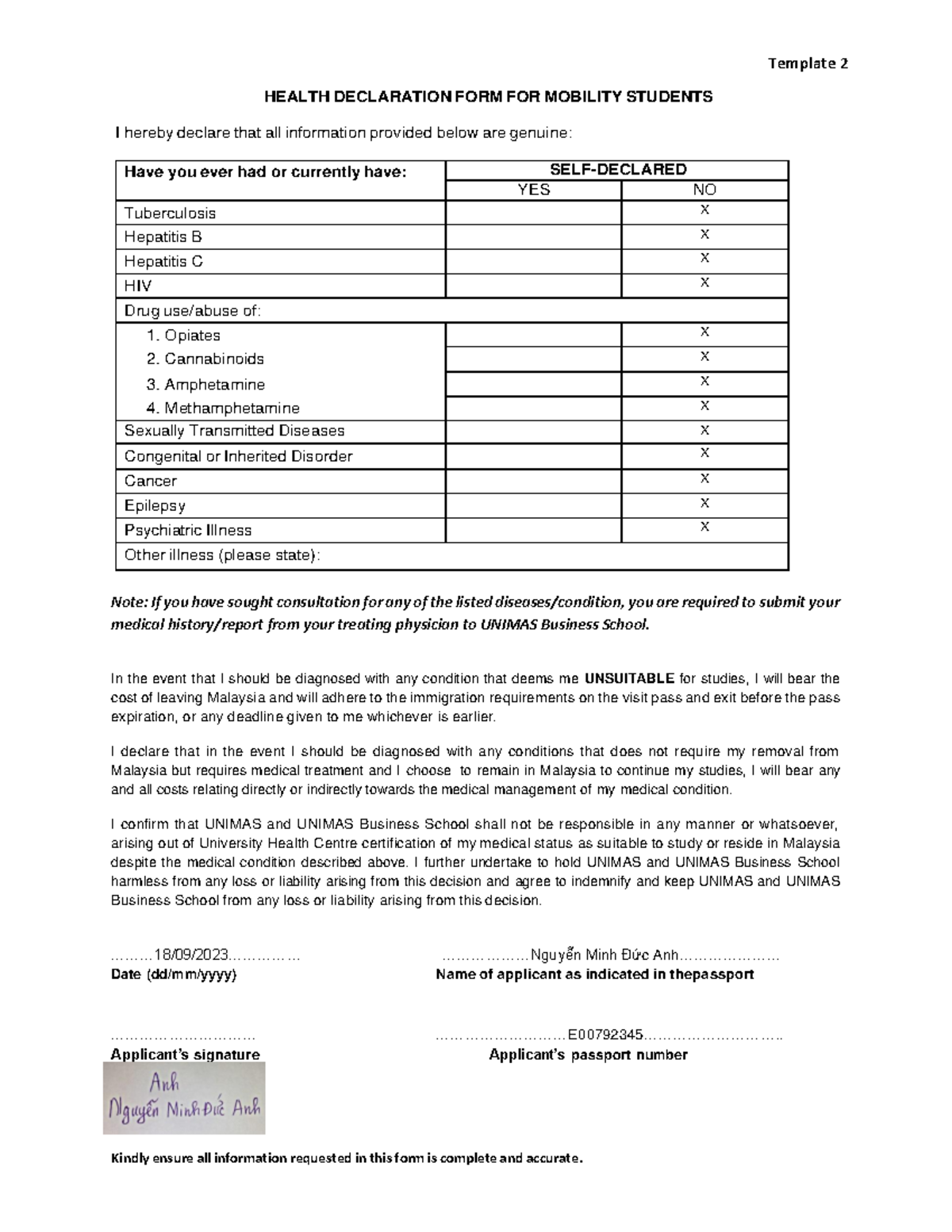 5. Unimas Sarawak - Health form - Template 2 HEALTH DECLARATION FORM ...