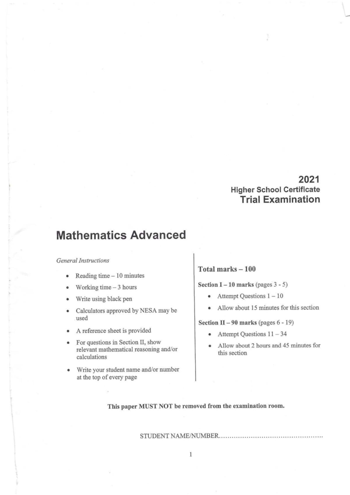 Independent Mathematics Advanced Trial Exam 2021 - HSC2022 - USyd - Studocu