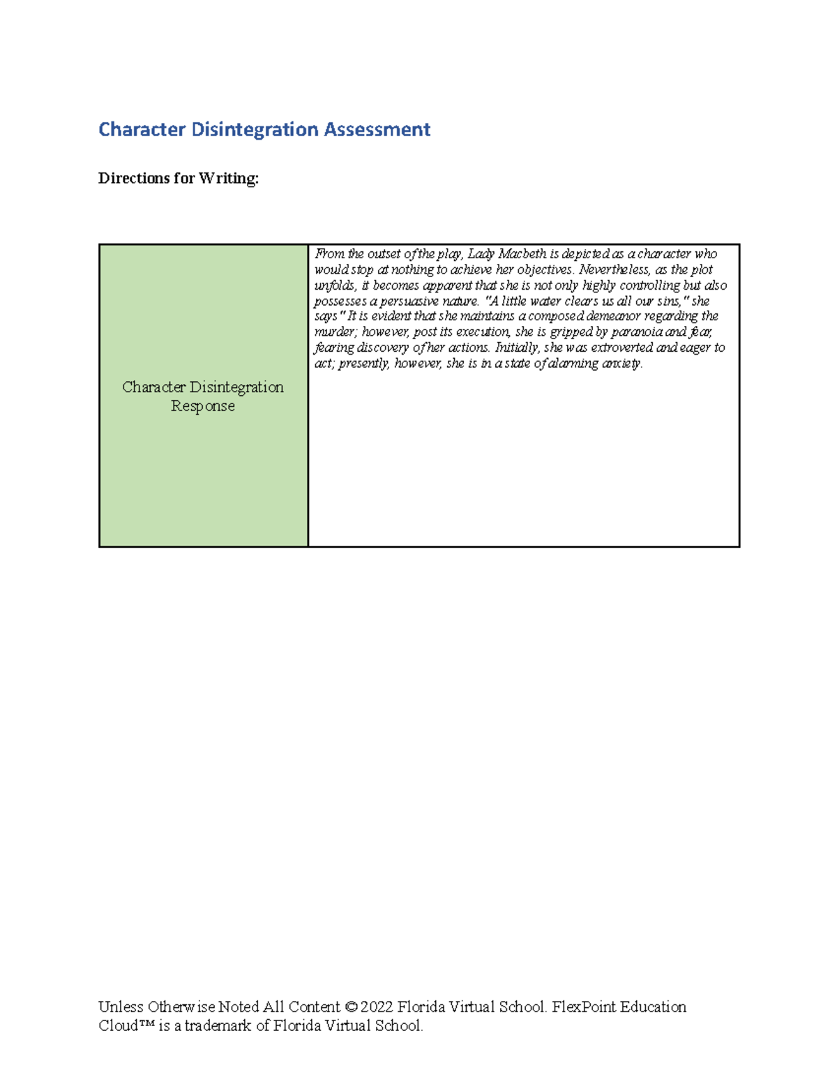 Character disintegration rubric - Character Disintegration Assessment ...