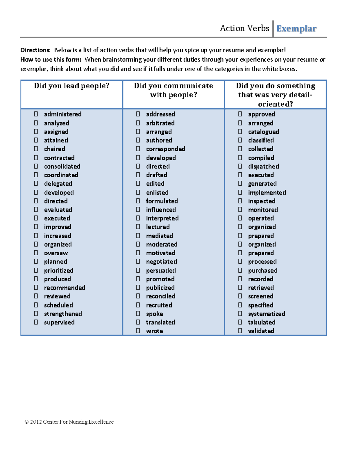 Action Verbs for Exemplar Writing - Action Verbs Exemplar Directions ...