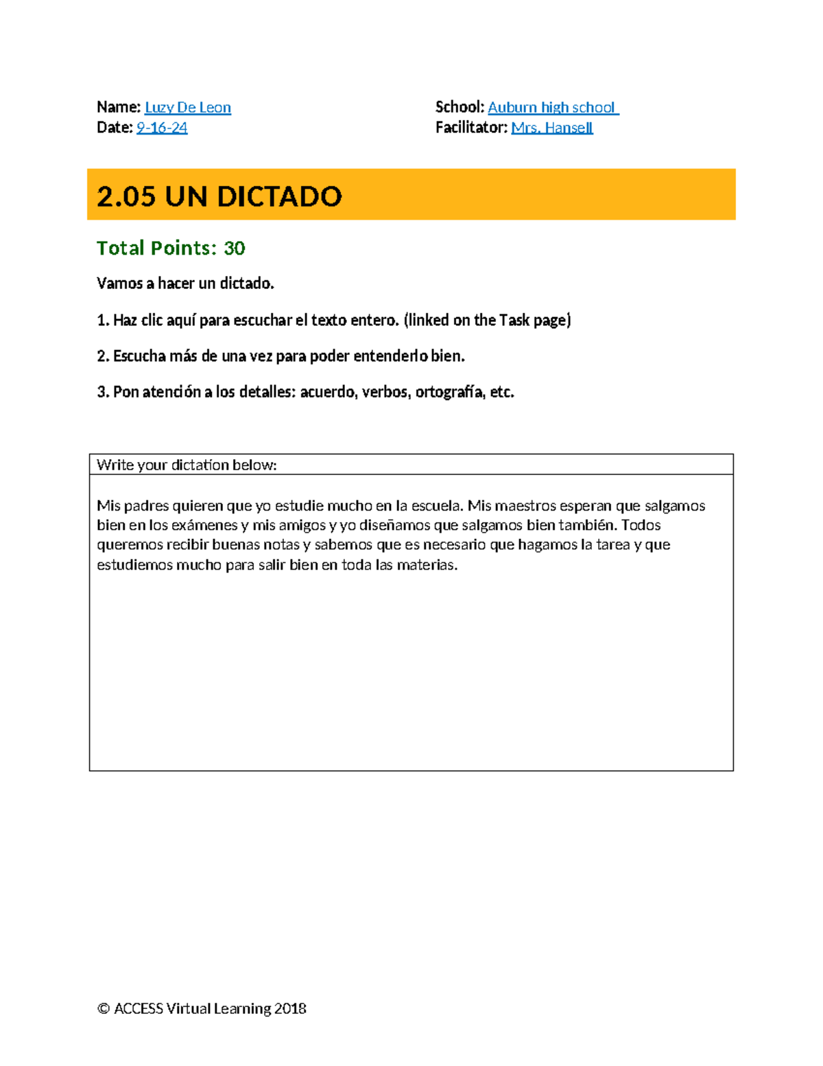 2.05 Un Dictado - Assignment for Unit 2 De Santos Spanish 4 ACESS work ...