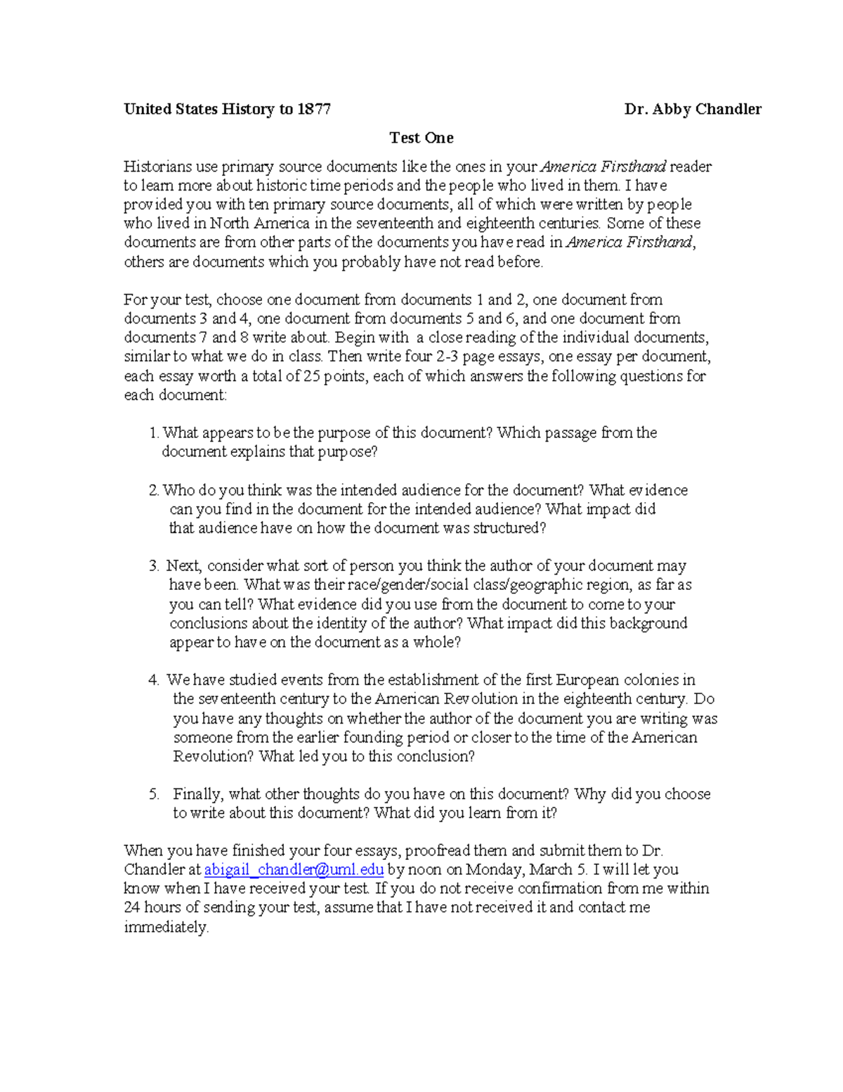 HIST.1110.206 Test One - United States History to 1877 Dr. Abby ...