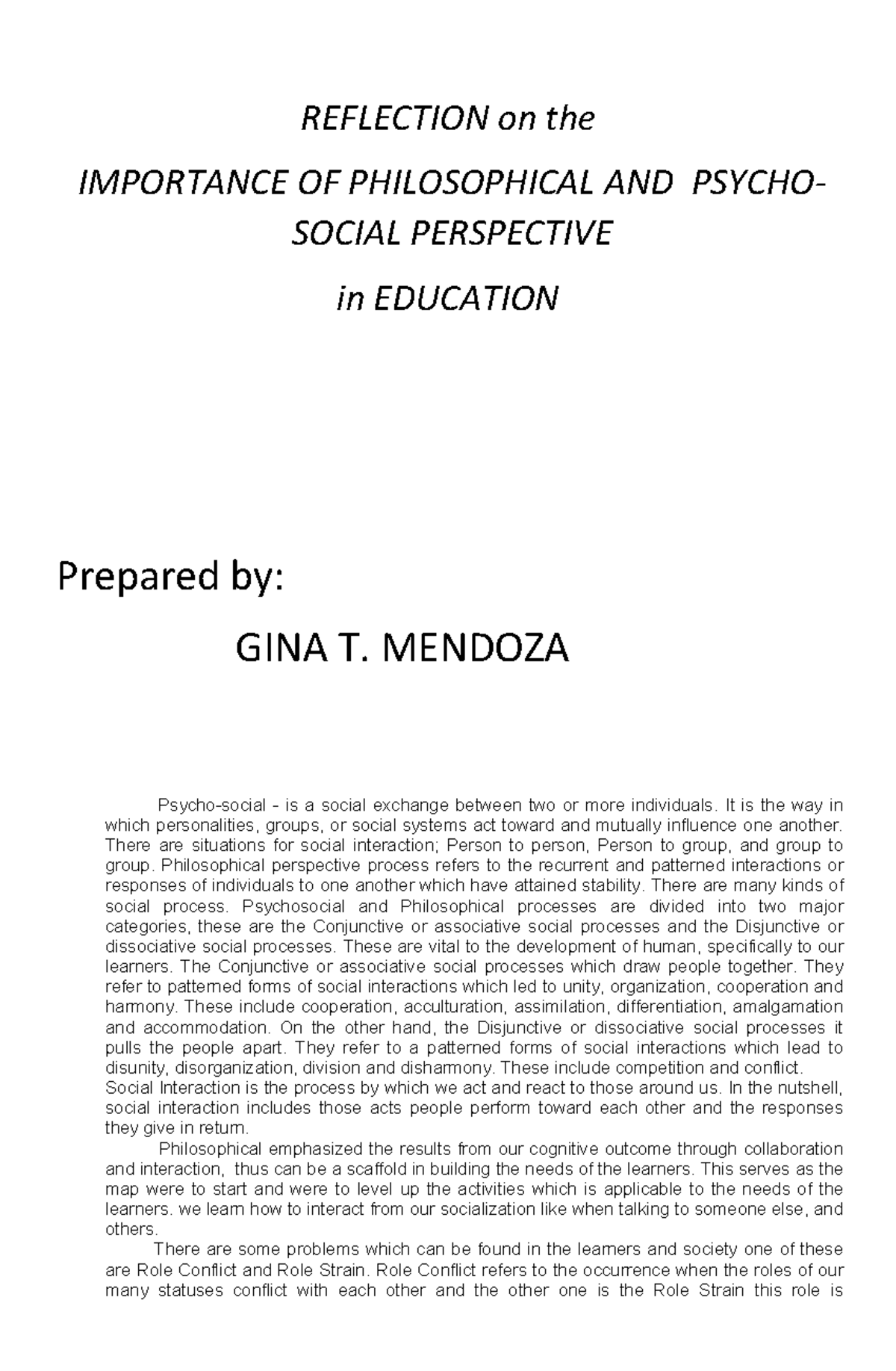 Reaction-paper-pyscho-social - REFLECTION on the IMPORTANCE OF ...