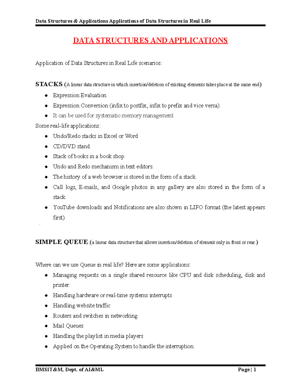 Applications Of Dsa Summary Bachelor Of Engineering Data Structures And Applications