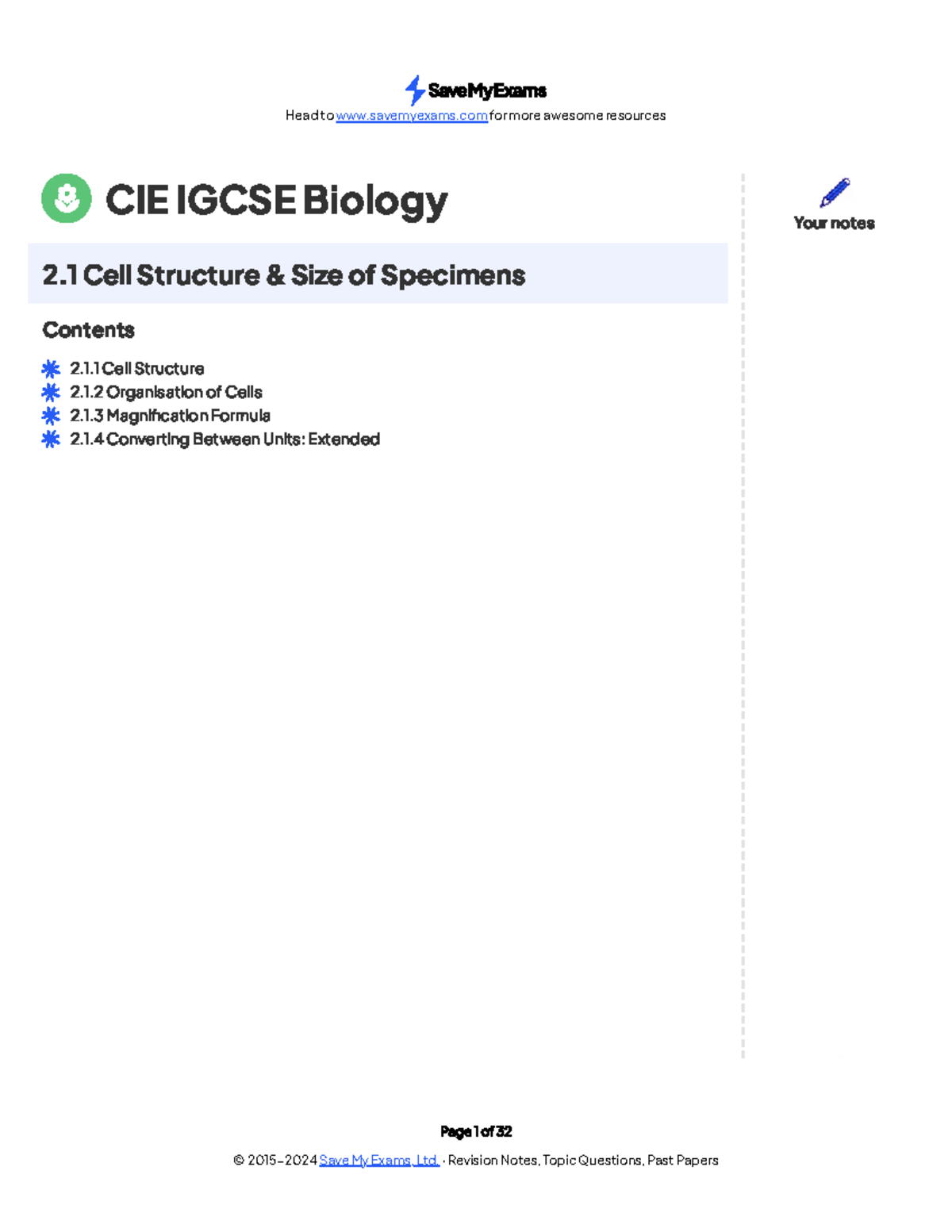 Cell Structure & Size of Specimens - Page 1 of 32 CIE IGCSE Biology 2 ...
