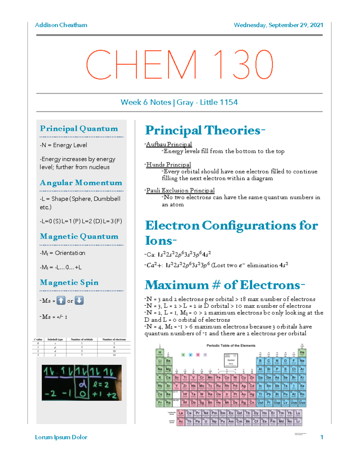 Week 6 Notes - CHEM 130 - Chapter 6 - CHEM 130 - Addison Cheatham ...