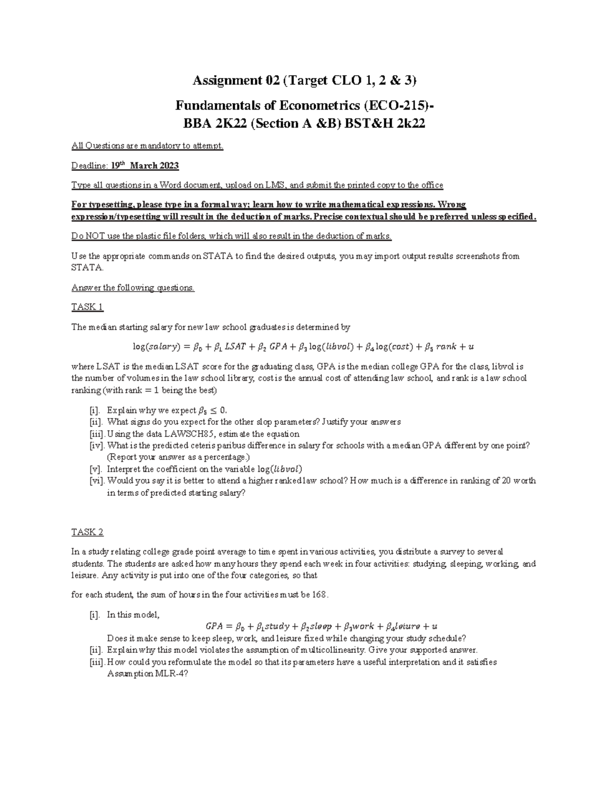 Assignment # 2 - Assignment 0 2 (Target CLO 1, 2 & 3) Fundamentals of Econometrics (ECO-215 ...