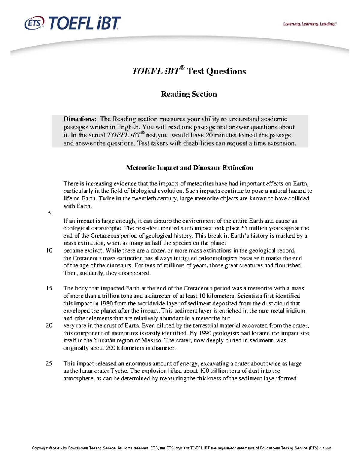 Sample Questions Toefl - TOEFL iBT ® Test Questions Reading Section ...