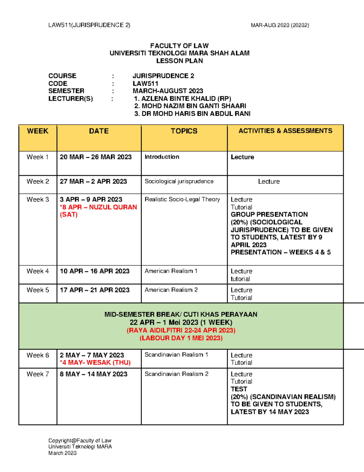 LAW511 - Jurispudence Lesson PLAN - Copyright@Faculty of Law Universiti ...