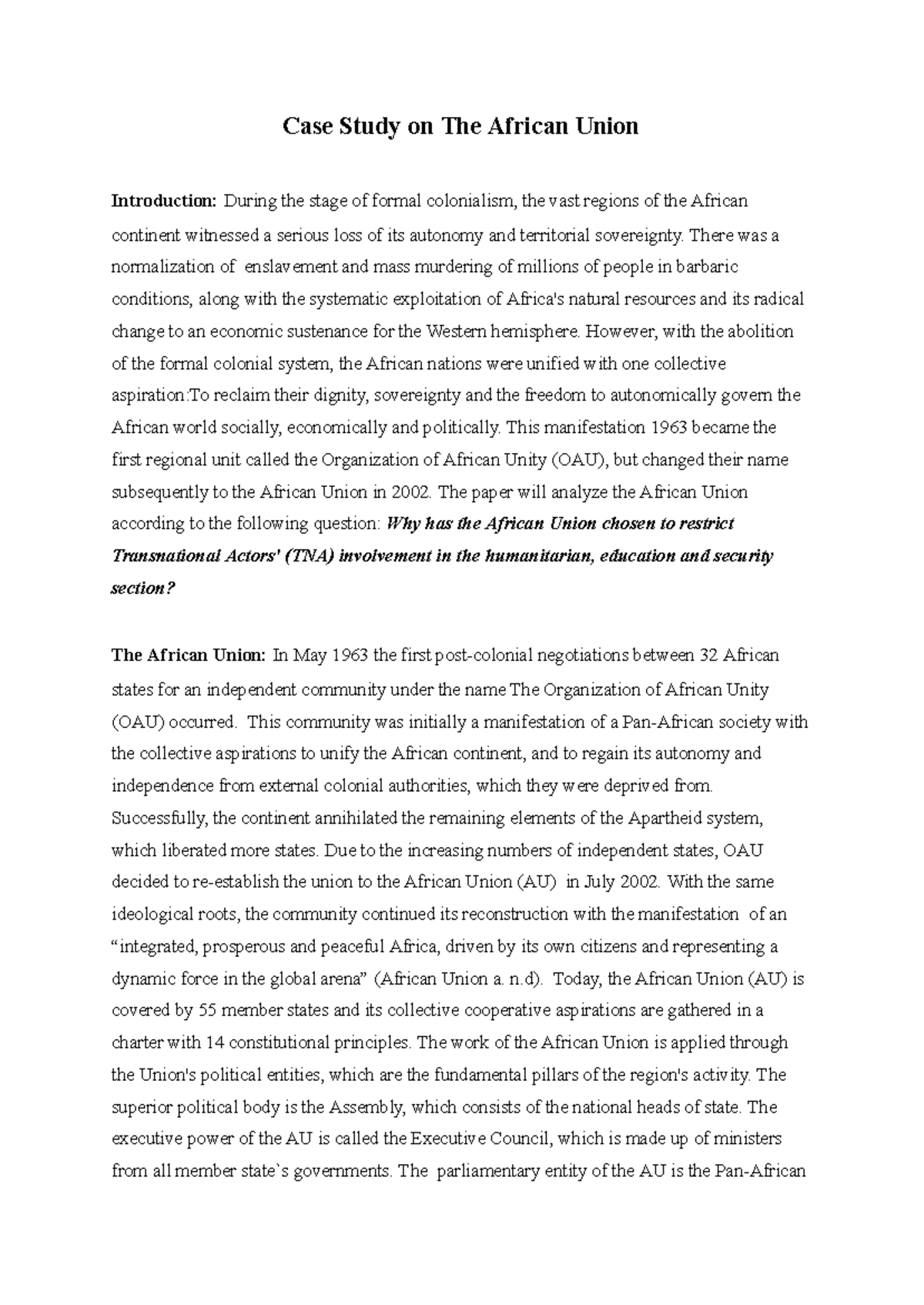Case Study The African Union by Mensur Kani - Case Study on The African ...