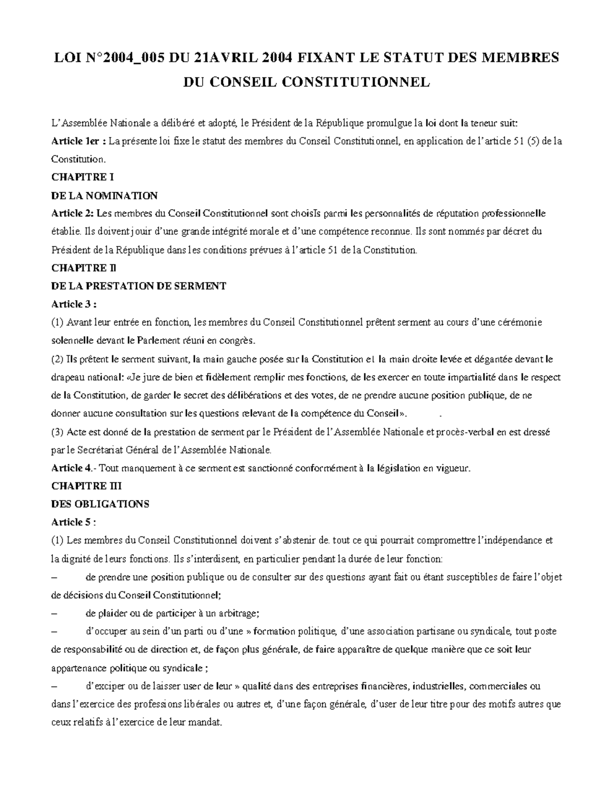 LOI N°2004 005 DU 21 Avril 2004 Fixant LE Statut DES Membres DU Conseil ...