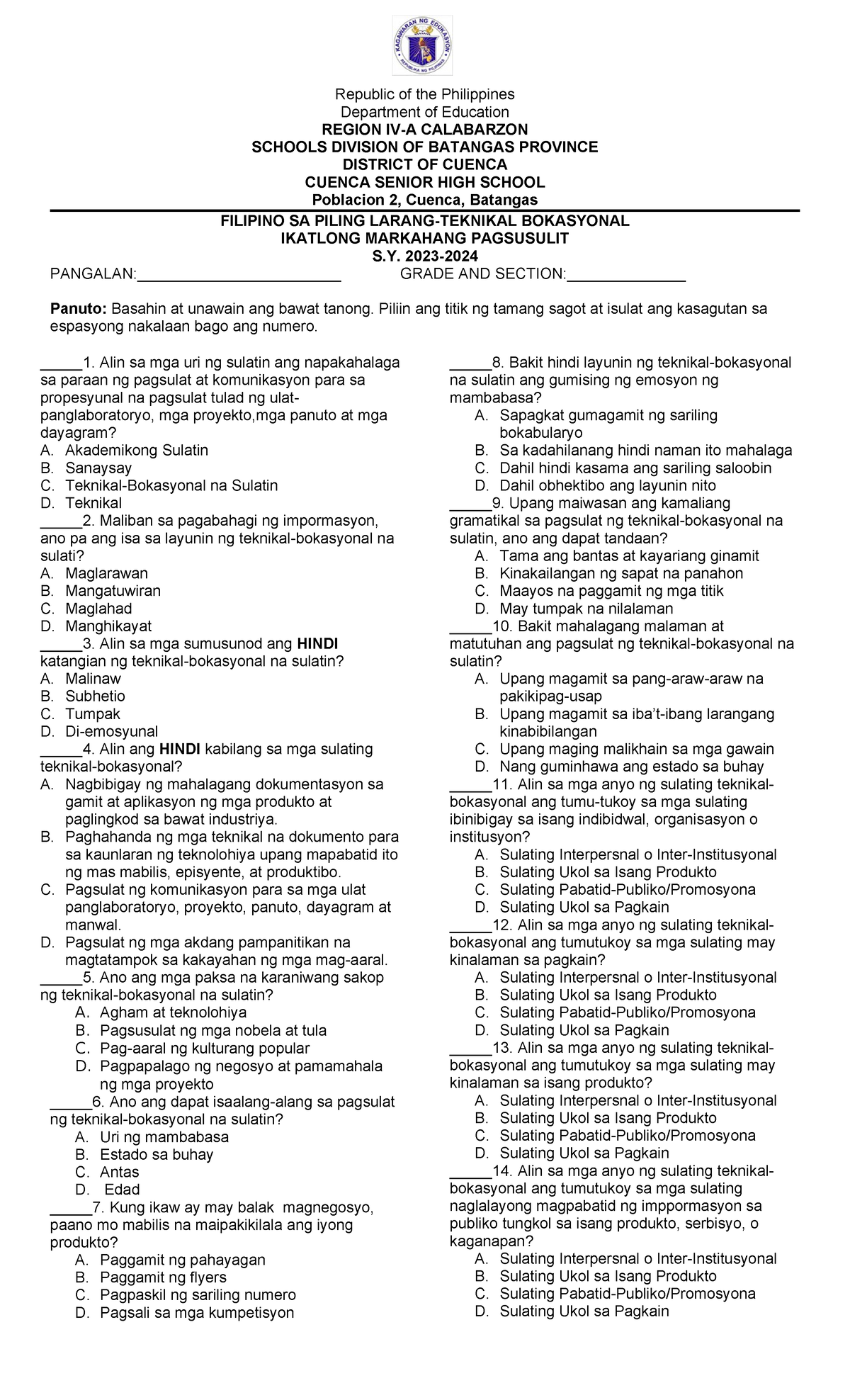 3rd Periiodical Tes T-Tekbok - Republic of the Philippines Department ...