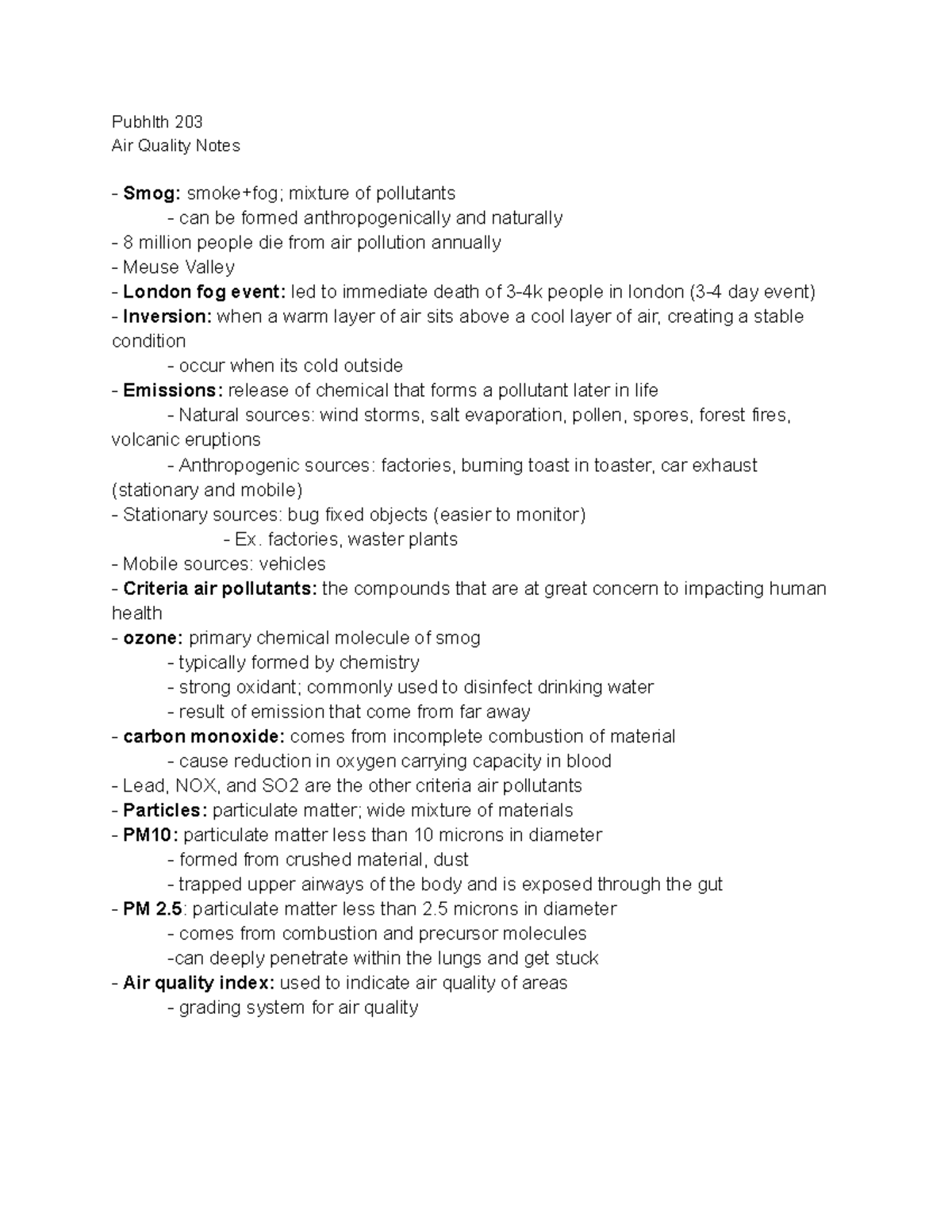 Air Quality notes - Pubhlth 203 Air Quality Notes Smog: smoke+fog ...