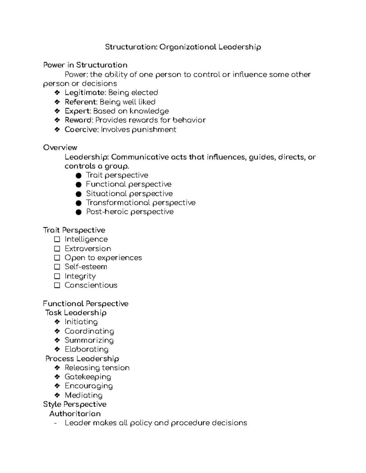 Structuration Organizational Leadership - Trait perspective Functional ...