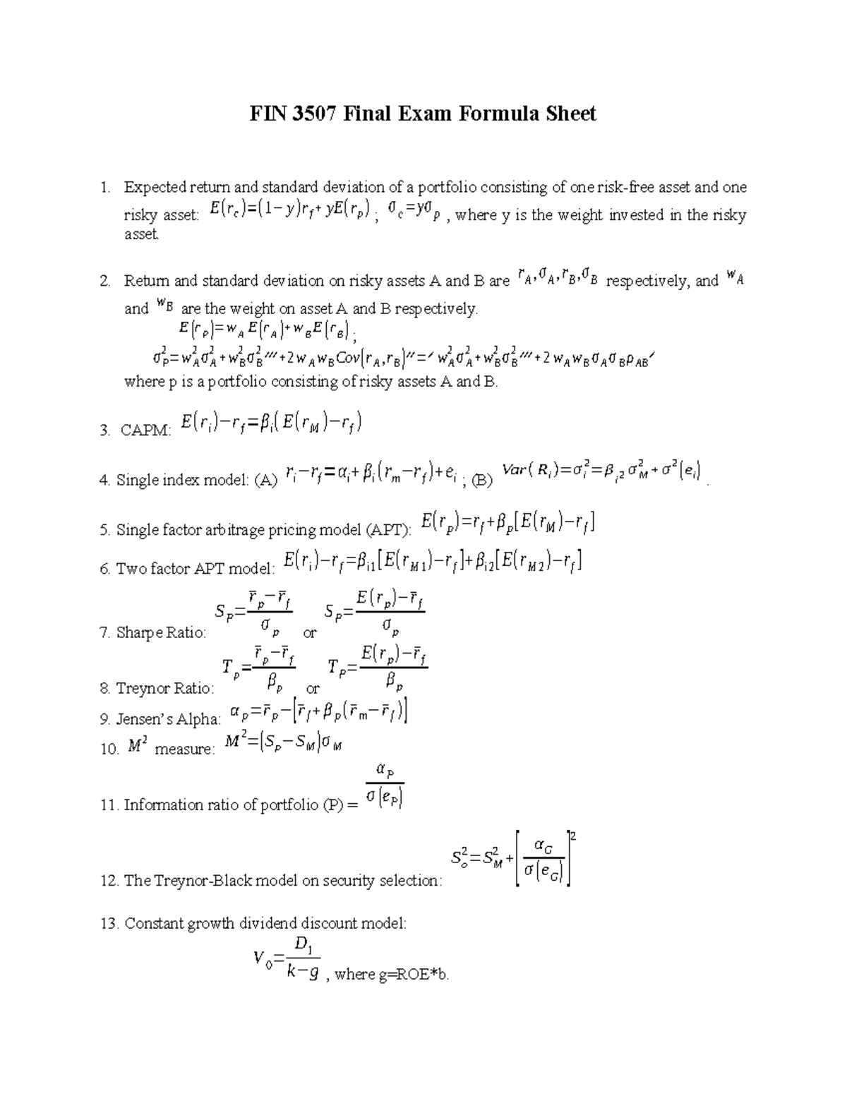 FIN3507-Formula Fall2023 - FIN 3507 Final Exam Formula Sheet 1 ...