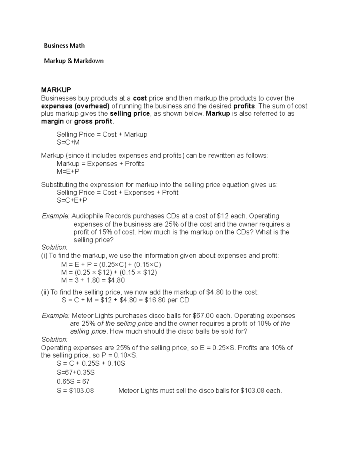 Markup - This is courswork for Business Math. It has problems and ...