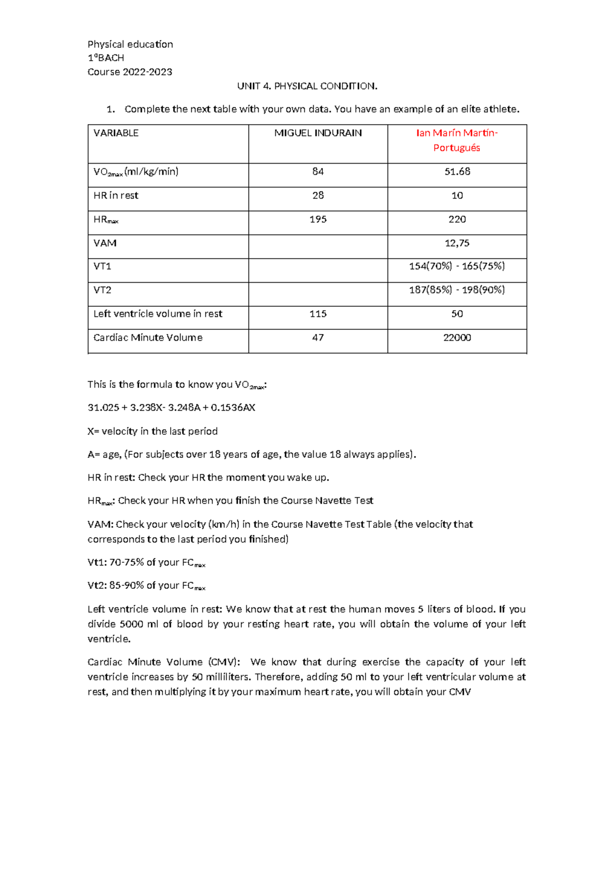 Course navette test - 1ºBACH Course 2022- UNIT 4. PHYSICAL CONDITION ...