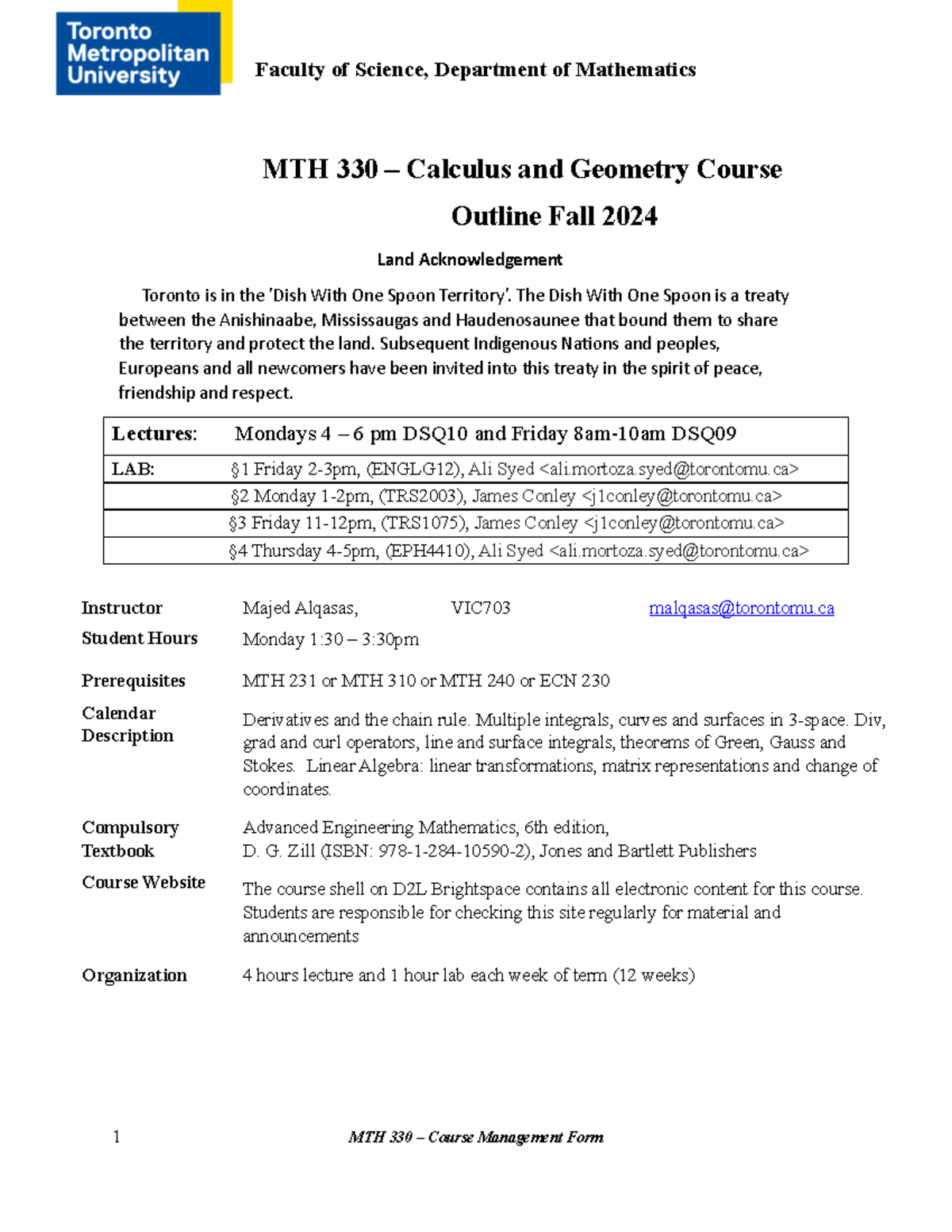 MTH330 CMF Outline F24 - MTH 330 – Calculus and Geometry Course Outline ...