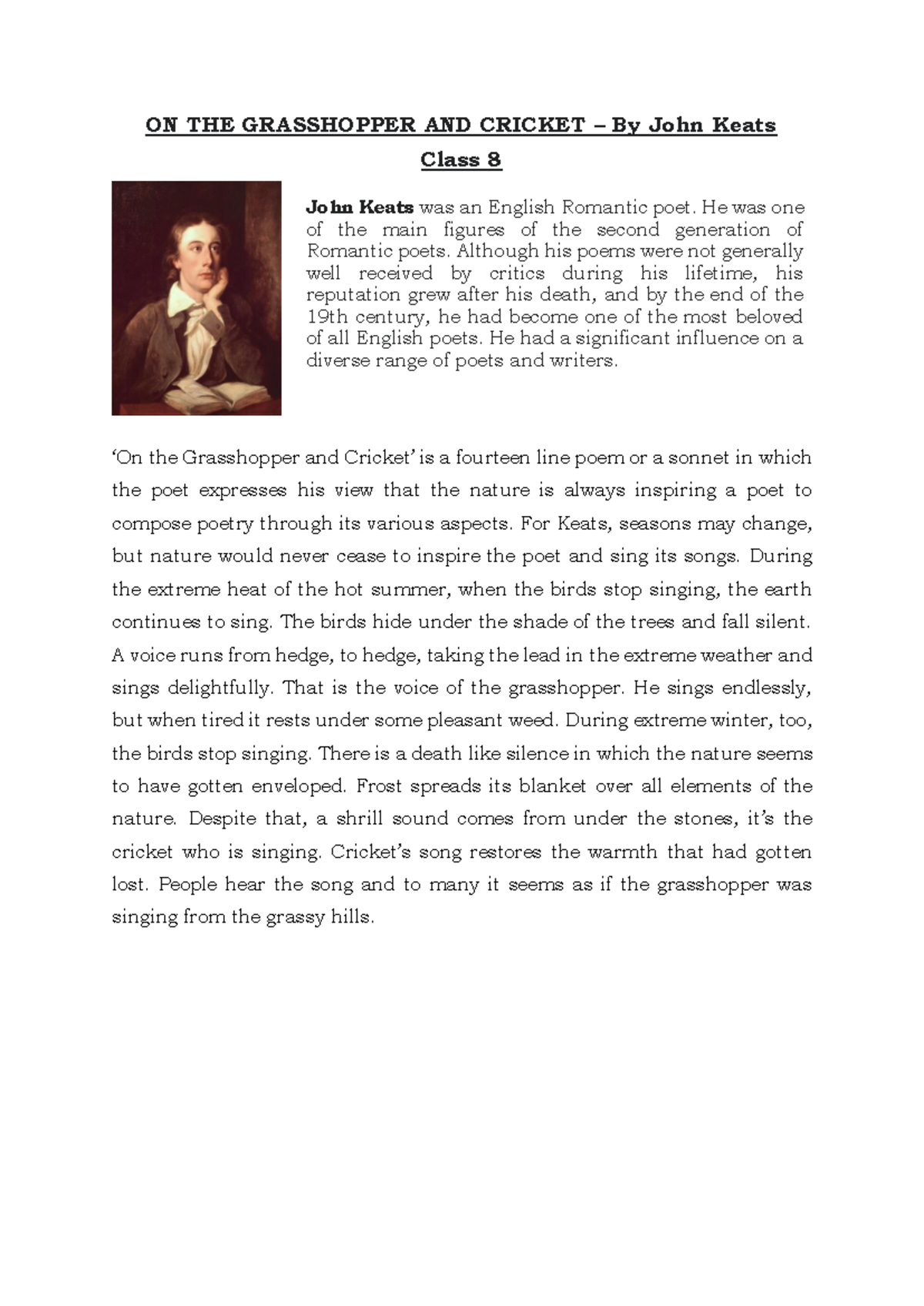 VIII ENG L08 Grasshopper Handout - ON THE GRASSHOPPER AND CRICKET – By ...