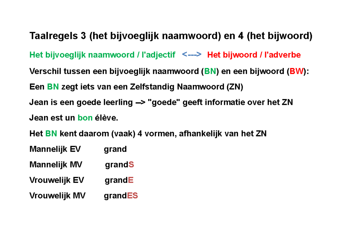 Bijvoeglijk naamwoord en Bijwoord Ath Taalregels 3 en 4 - Taalregels 3 ...