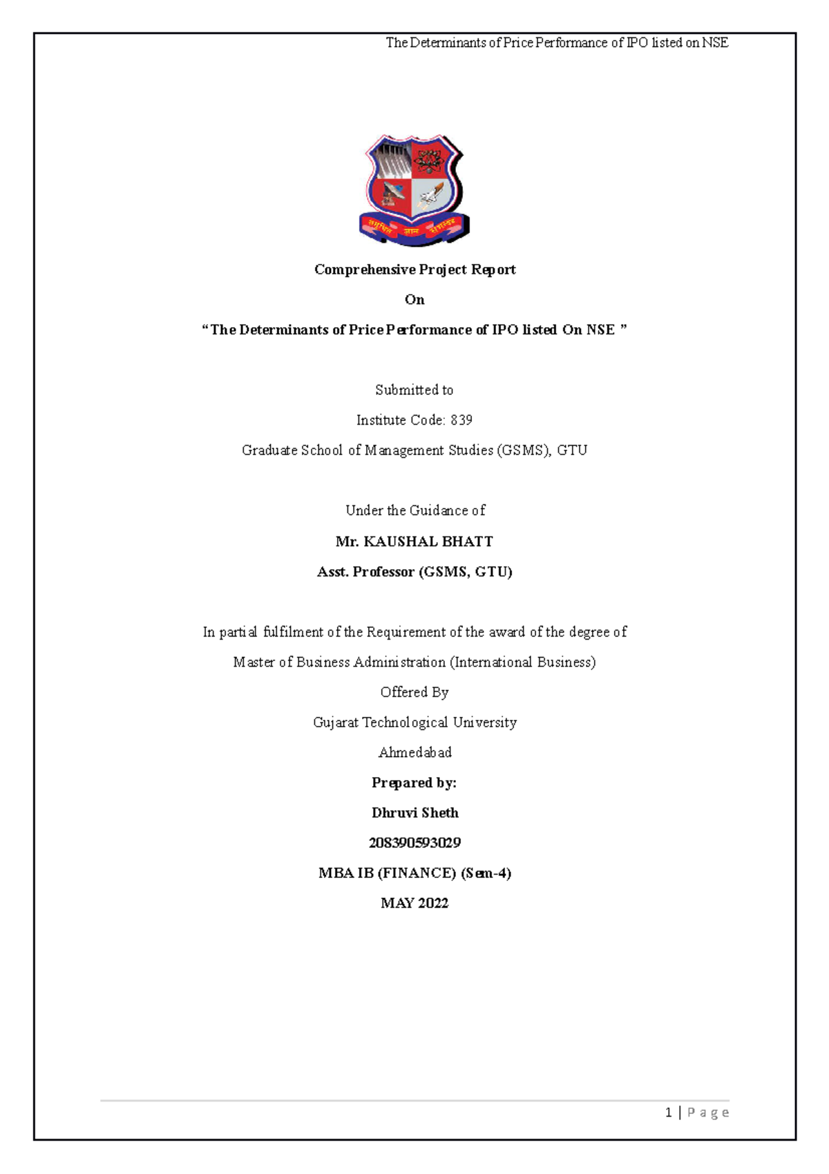 CP Dhruvi W - A project - Comprehensive Project Report On “The ...