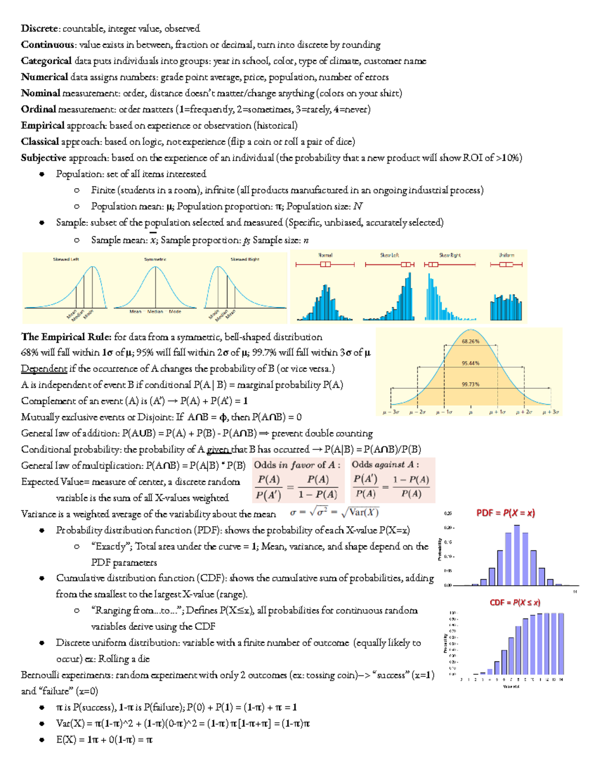 BUAD310 Midterm Cheat Sheet - Discrete: countable, integer value, observed Continuous: value ...