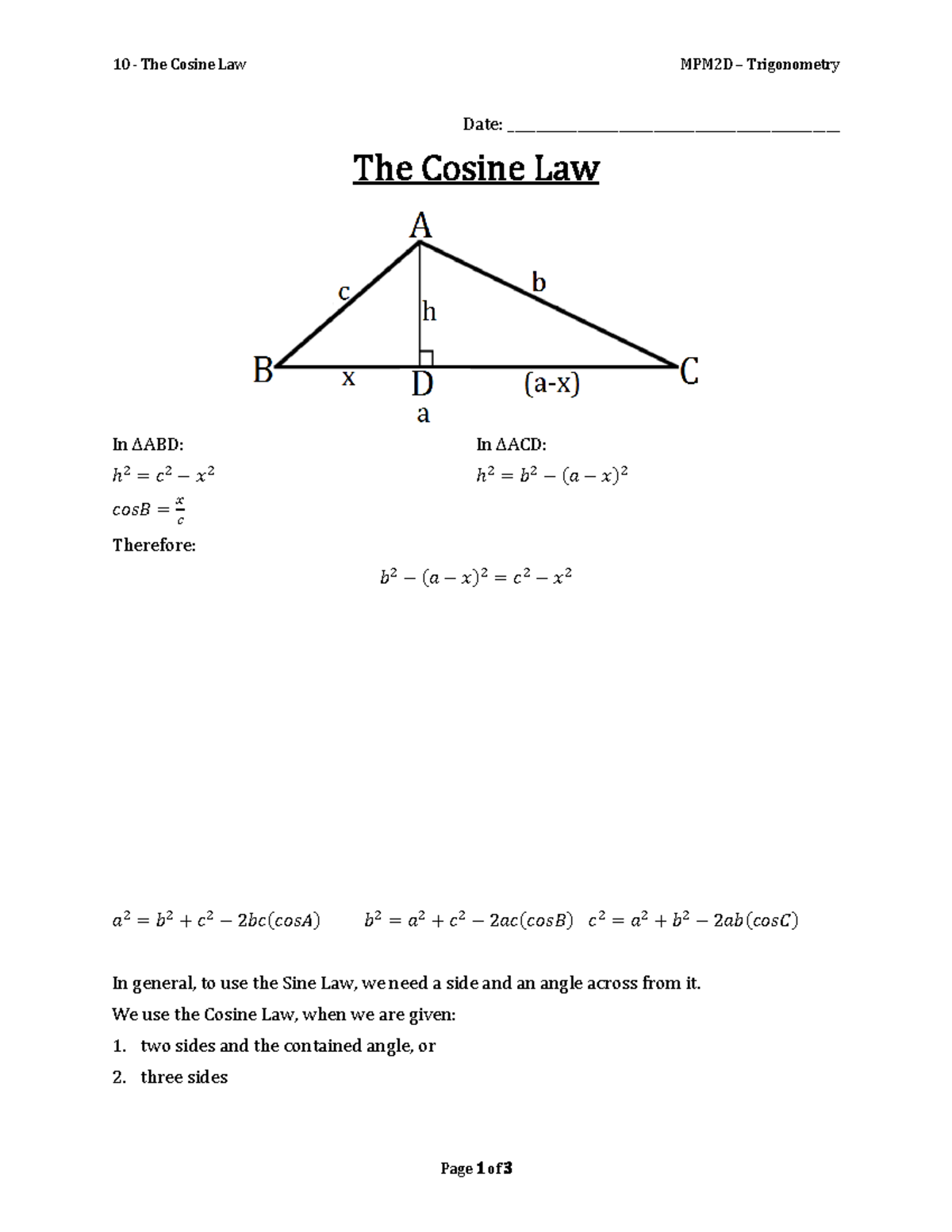 10 - The Cosine Law - Notes - 10 - The Cosine Law MPM2D – Trigonometry ...